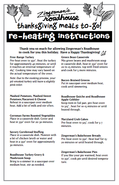 Reheat Instructions – Zingerman's Roadhouse